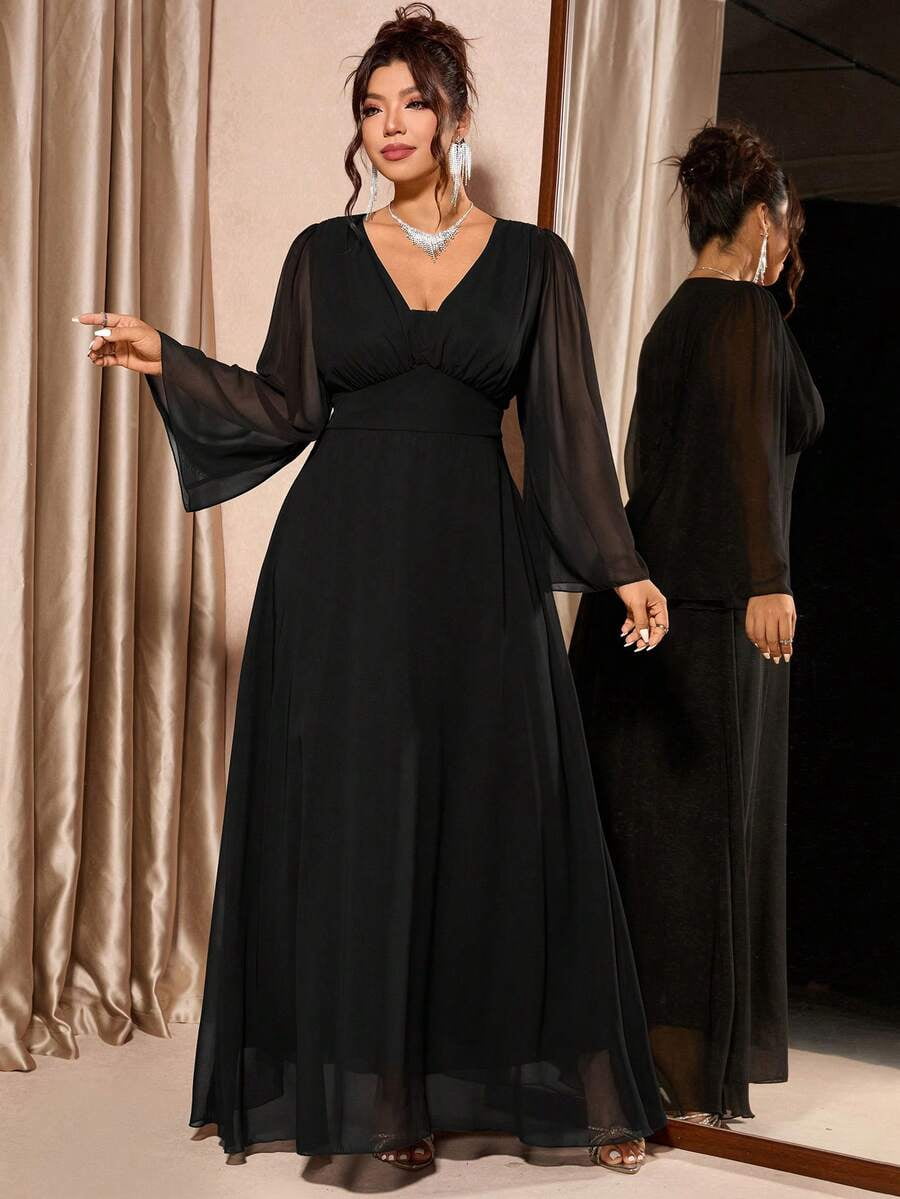 Black Plus Size V-Neck Flowy Long Sleeve Maxi Dress For Elegant Evening ...