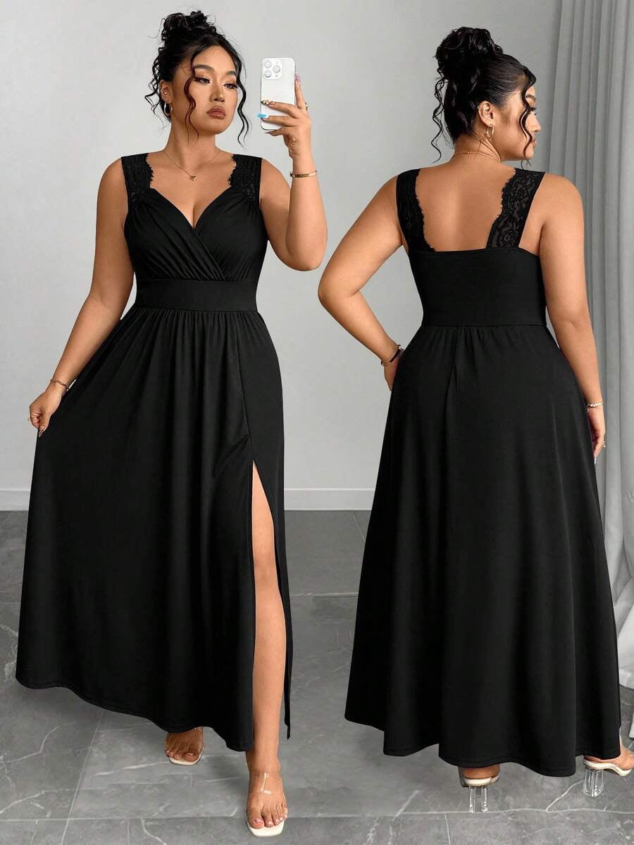 Black Plus Size V-Neck Lace Spaghetti Strap Maxi Dress With Side Slit ...