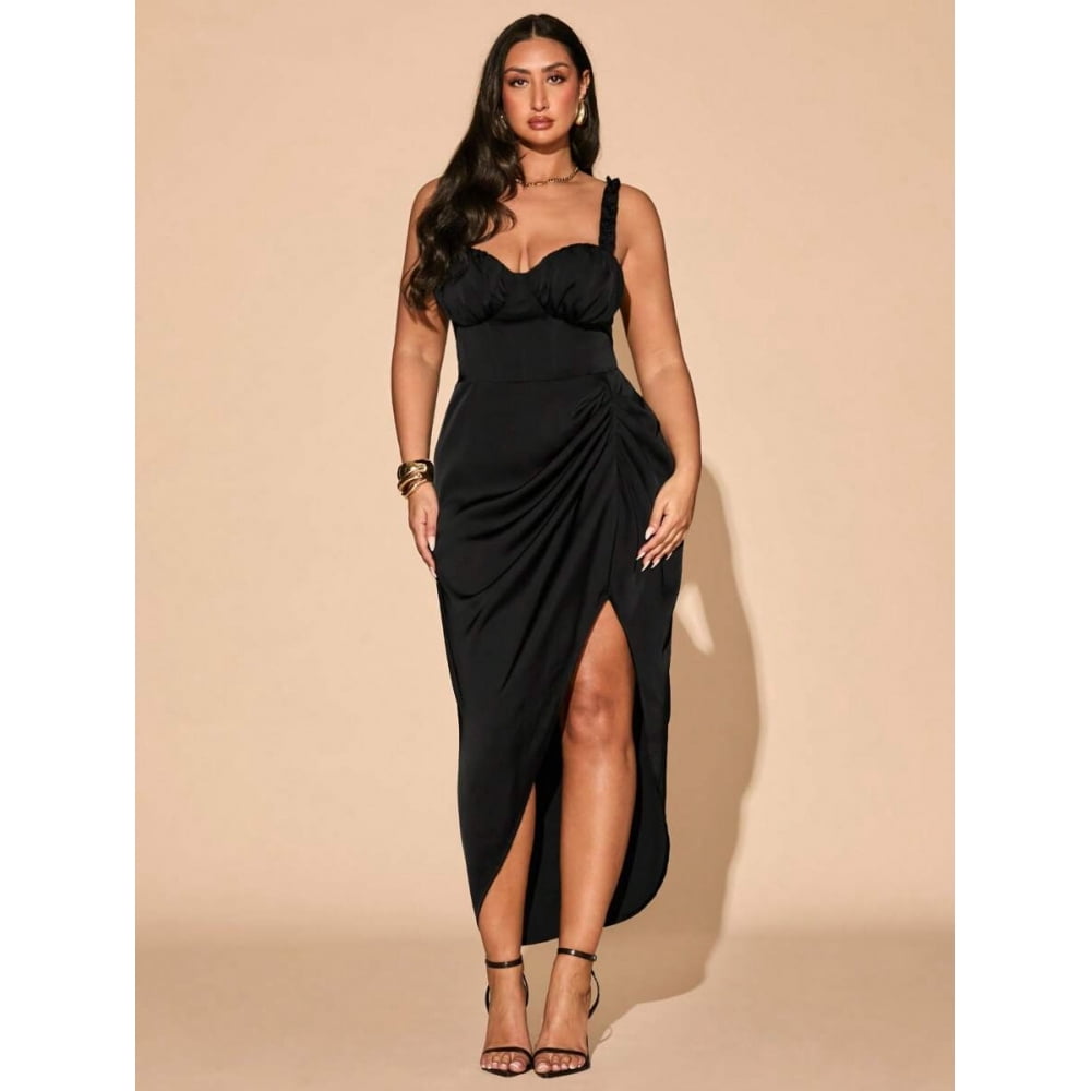 Black Plus Size Women Elegant Satin Cami Dress With High Slit And ...