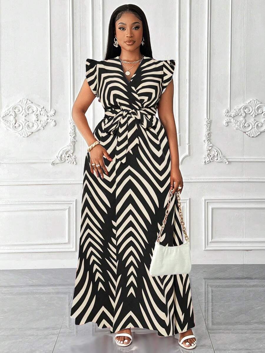 Black Plus Size Women V-Neck Wrap Maxi Dress With Butterfly Sleeves And ...
