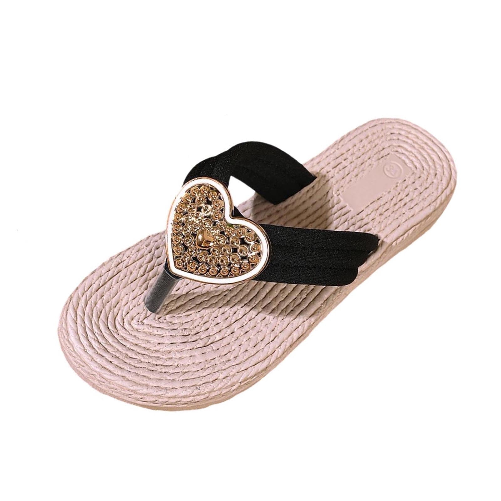 Black Plus Size Womens Comfort Flat Slippers Heart Design Round Toe ...