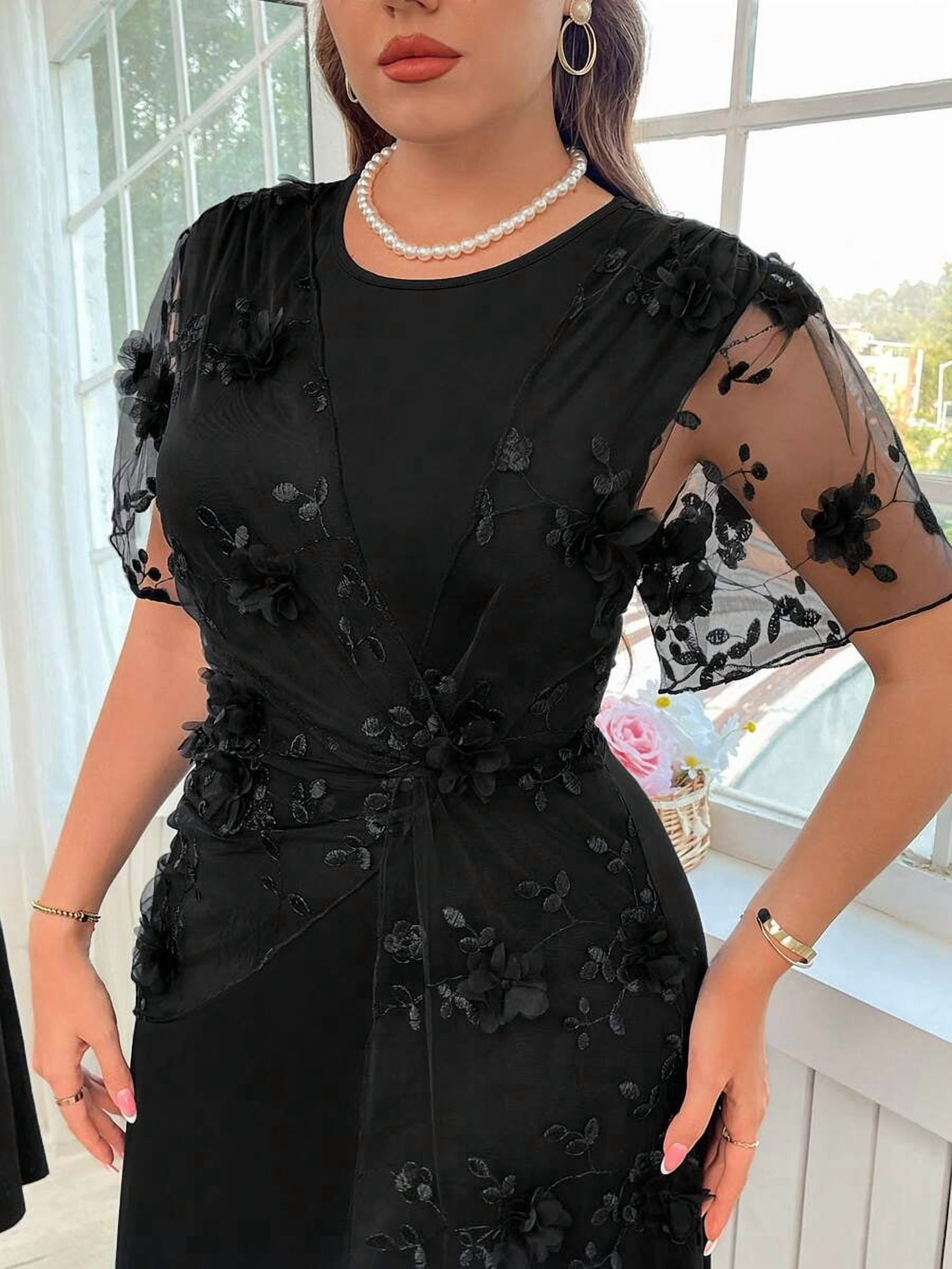 Black Plus Size Womens Elegant Floral Embellished Wrap Dress With Sheer ...