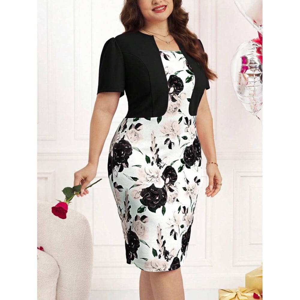 Black Plus Size Womens Floral Print Stretch Knit 2-In-1 Dress With ...