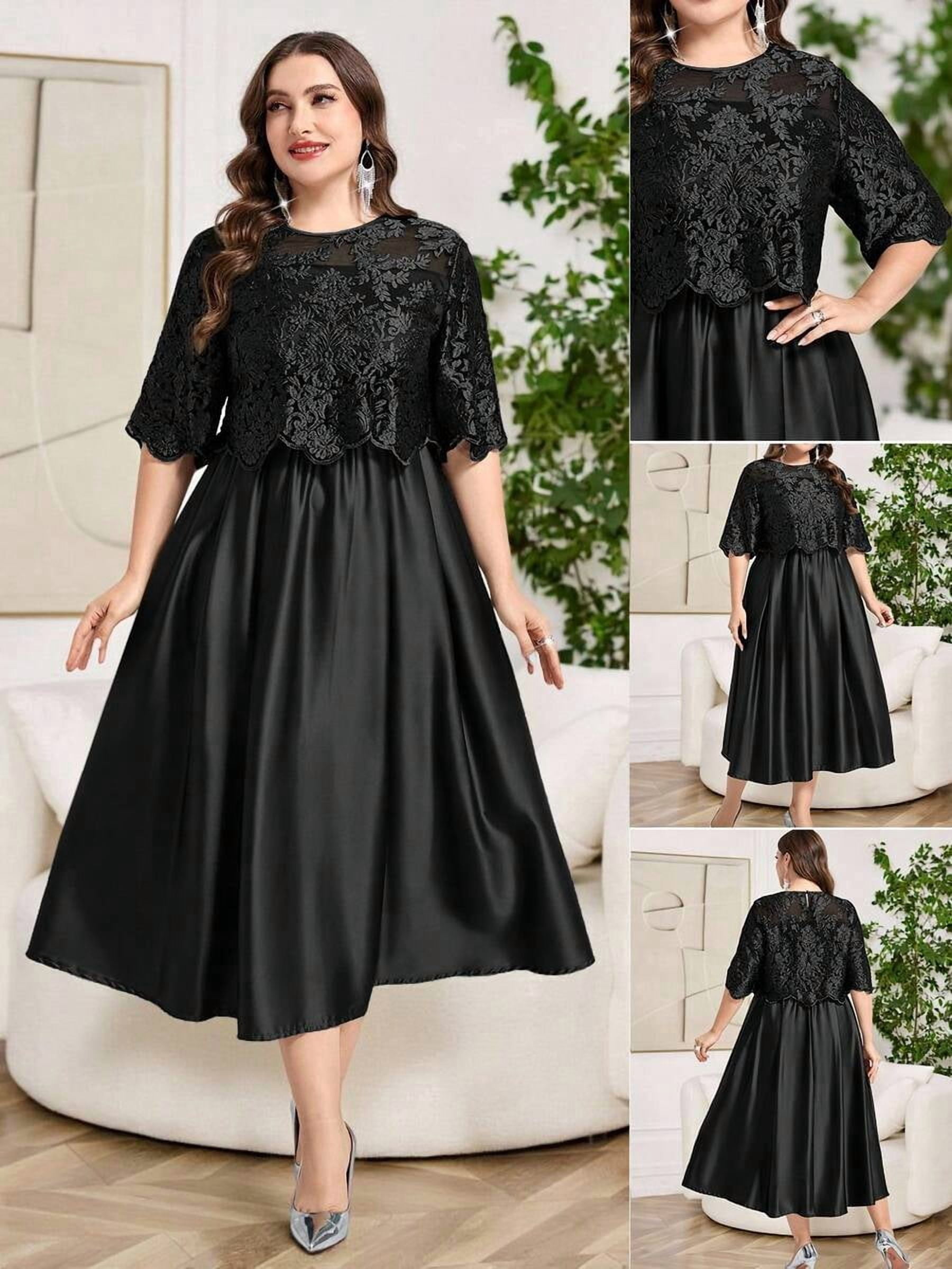 Black Plus Size Womens Lace Overlay Round Neck A-Line Satin Evening ...
