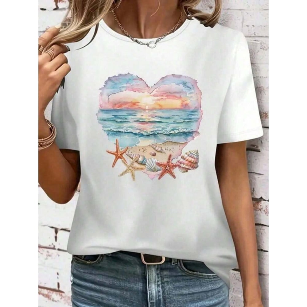 Black Plus Size Womens Loose Fit T-Shirt With Heart-Shaped Beach Sunset ...