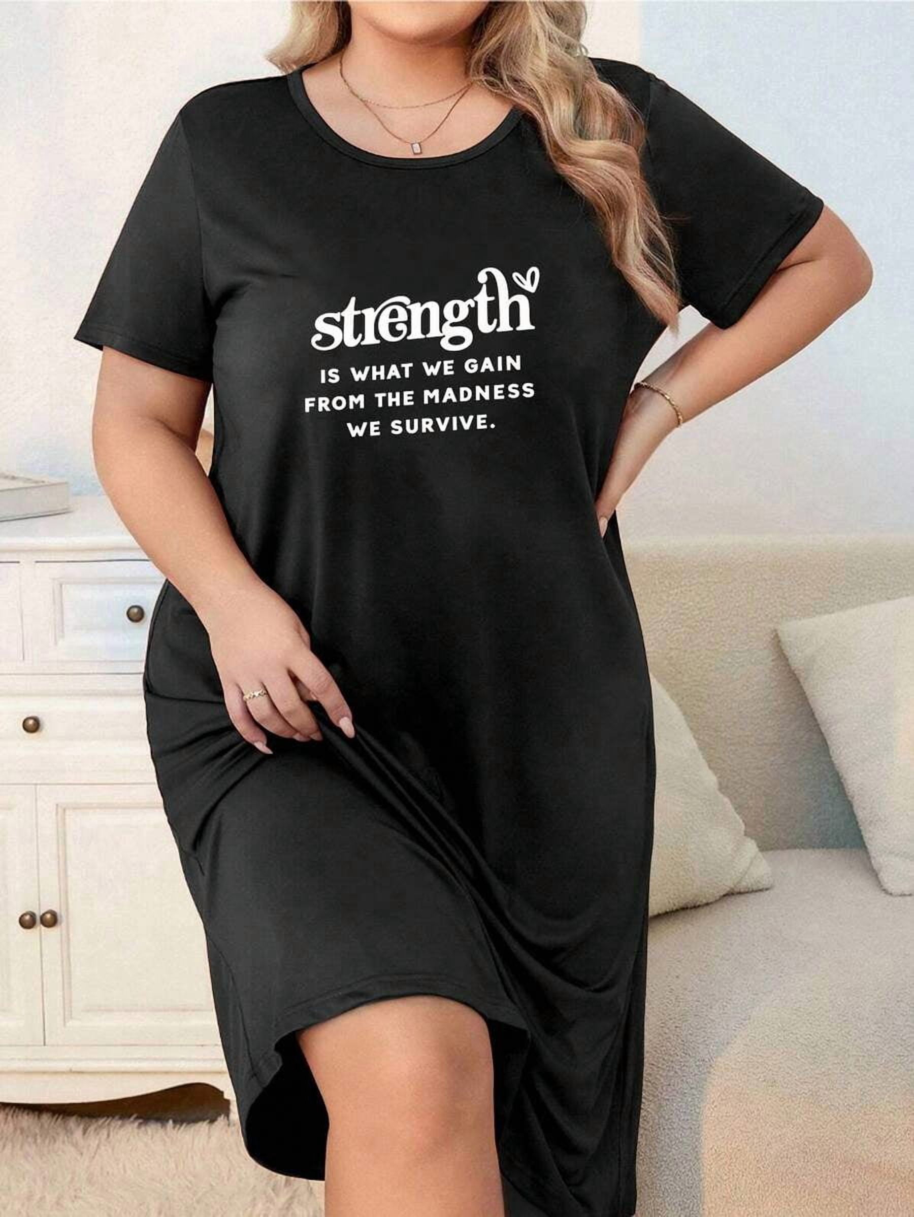 Black Plus Size Womens Strength Quote Print Loose Short-Sleeve Round ...