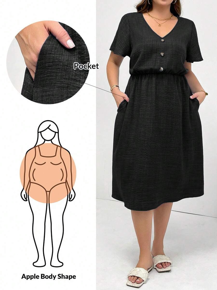 Black Plus Size Womens V-Neck Short Sleeve Loose Mid-Length Dress With ...