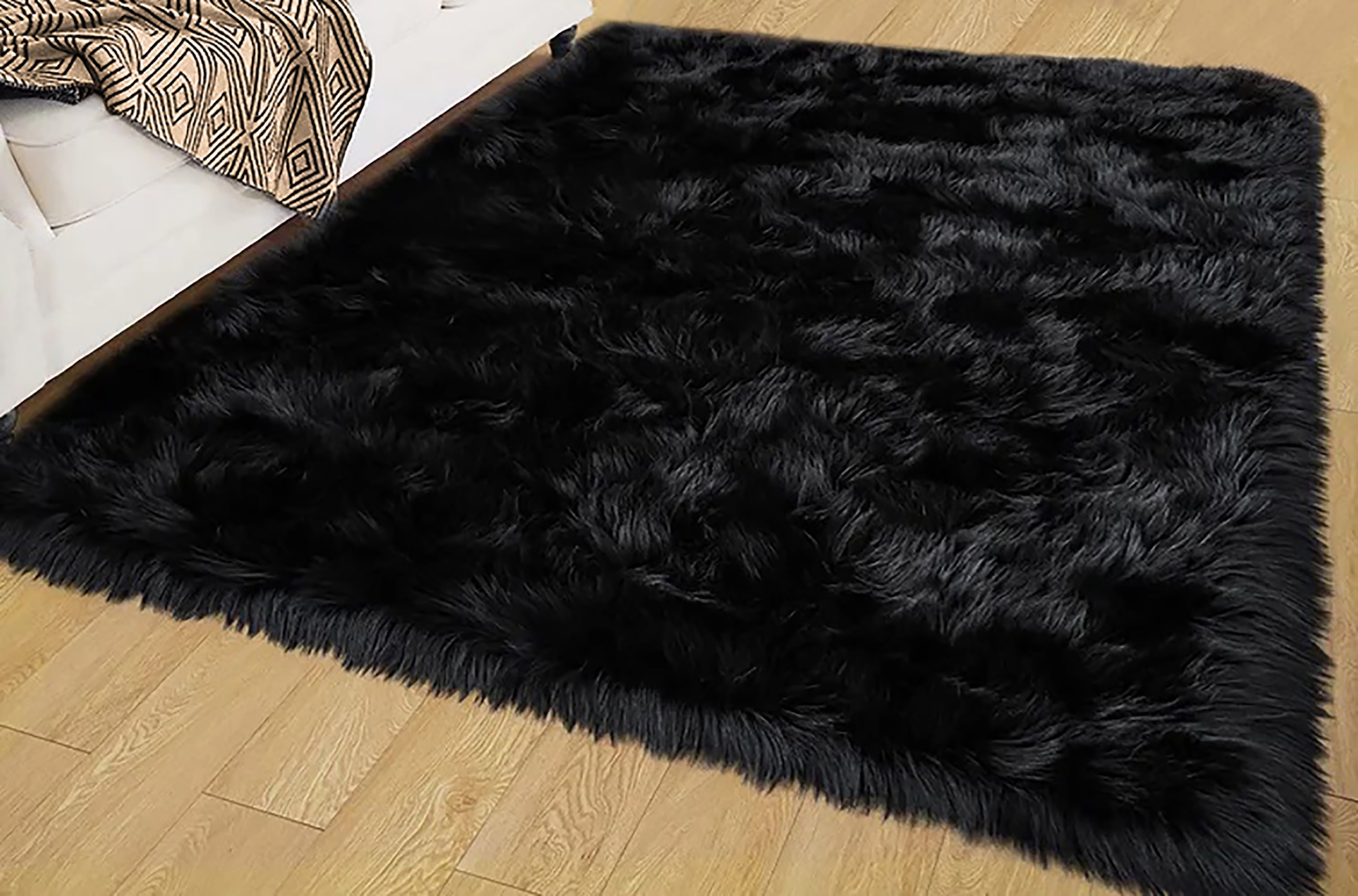 Black Plush Faux Fur Sheepskin Shag Shaggy Super Soft Carpet Area Rug ...