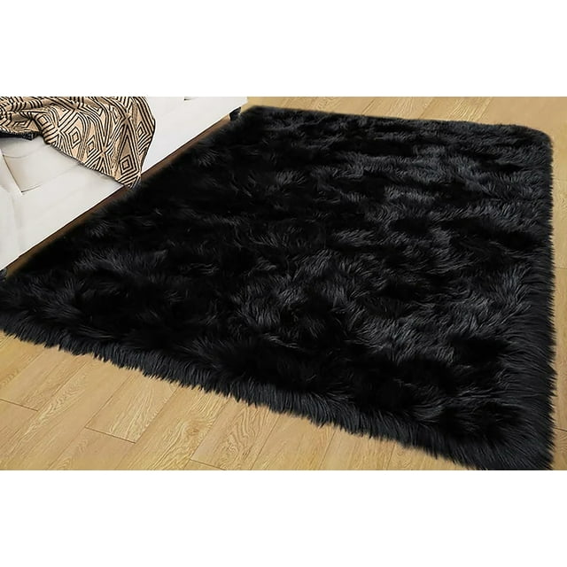 Black Plush Faux Fur Sheepskin Shag Shaggy Super Soft Carpet Area Rug ...