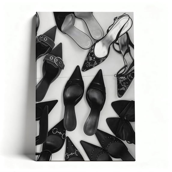 Black Pointed Heels Flat Lay Canvas Wall Art, Chic Fashion Decor ...