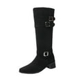Black Pointed Toe Fashion Boots For Ladies Block Heel Mid Calf Belt ...