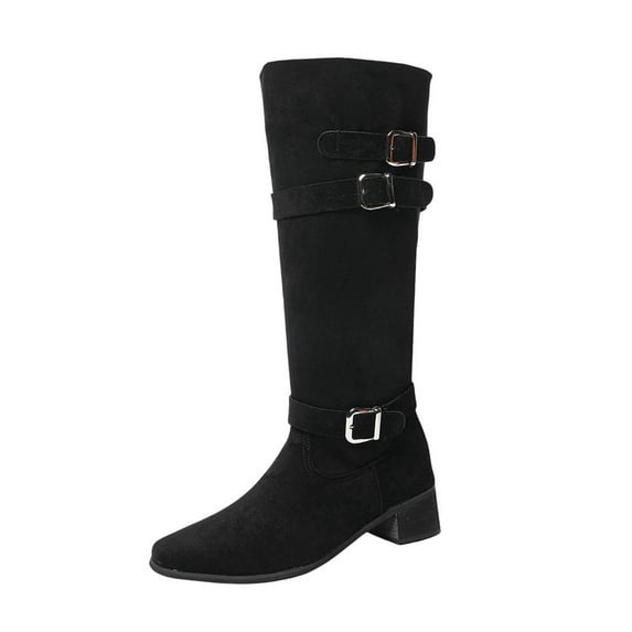 Black Pointed Toe Fashion Boots For Ladies Block Heel Mid Calf Belt ...