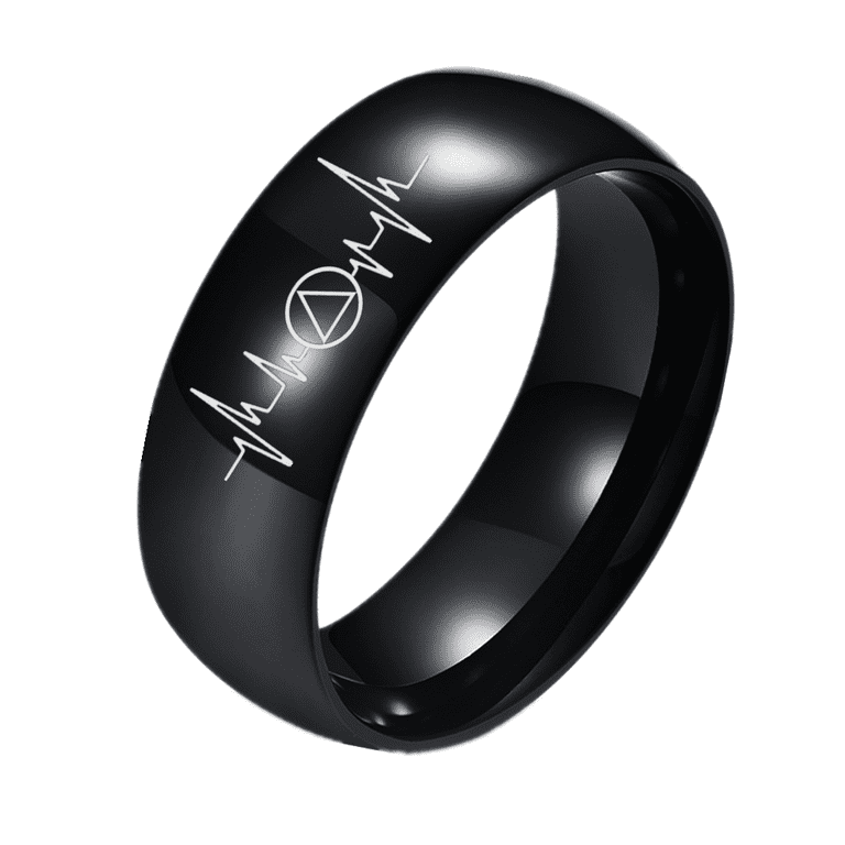 Black Polished AA Triangle Sobriety Symbol Heartbeat Ring Addiction Recovery Anniversary Plain Band Inspirational Soberness Recoverying Jewelry