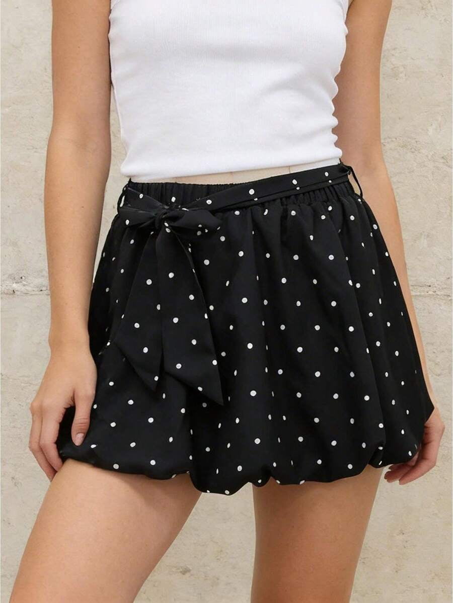 Black Polka Dot Bubble Mini Skirt With Detachable Bow Belt Elastic ...