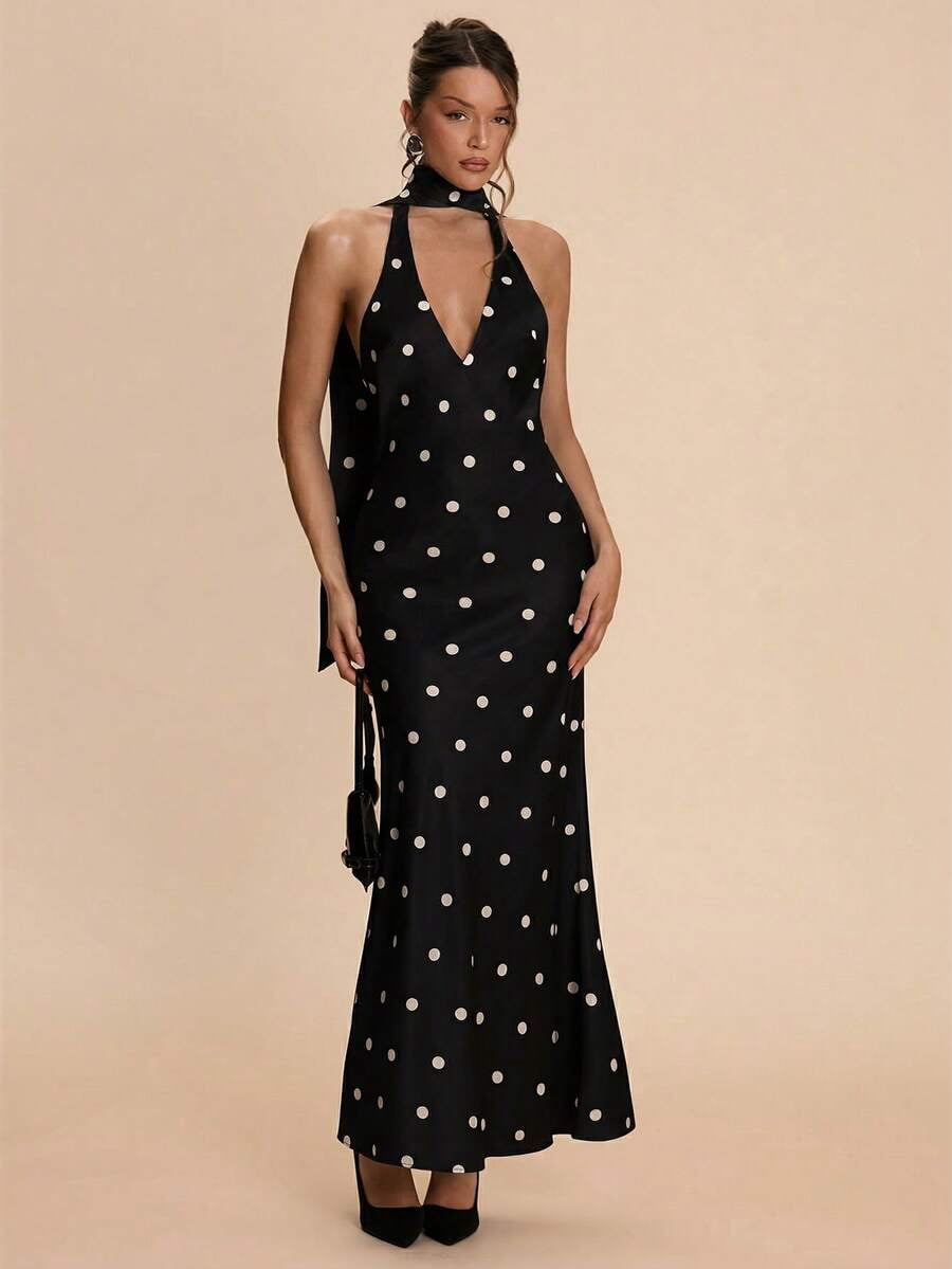 Black Polka Dot Halter Deep V-Neck Fishtail Maxi Dress For Evening ...
