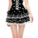 Black Polka Dot Lace-Trimmed Tiered Ruffle Mini Skirt A-Line Elastic ...