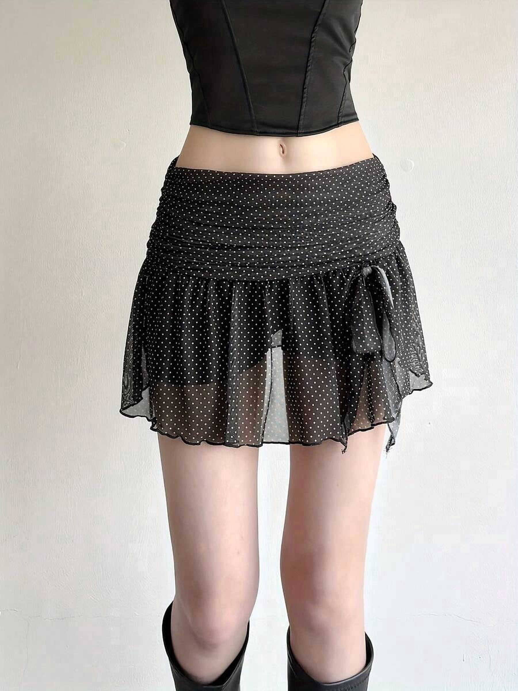 Black Polka Dot Mesh A-Line Skirt With Ruched Waist And Tie Side Detail ...