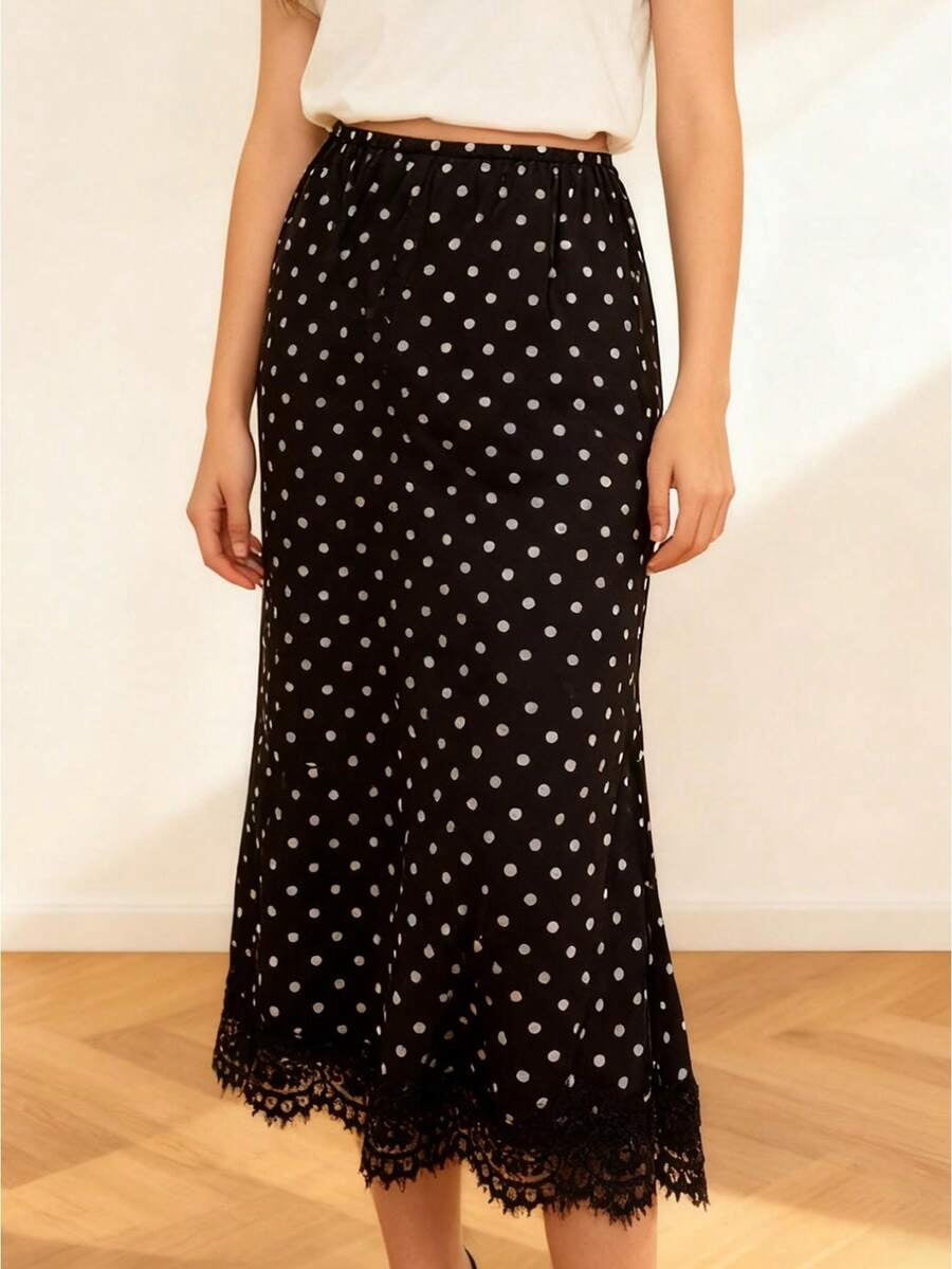 Black Polka Dot Midi Skirt With Lace Trim Hem, Flowing Fit, Casual And ...