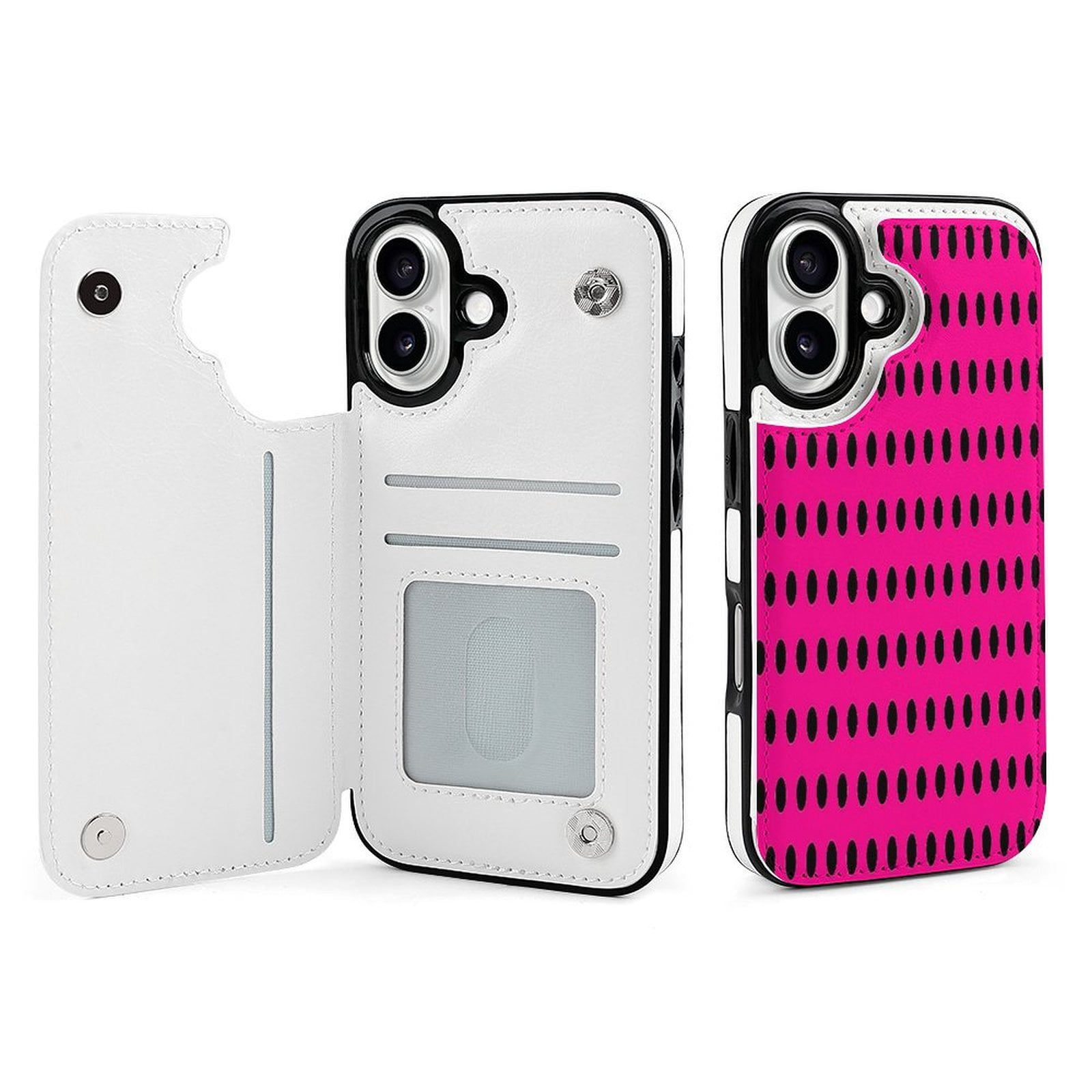 Black Polka Dot Pink Background Leather Wallet Case for iPhone 16 Pro ...