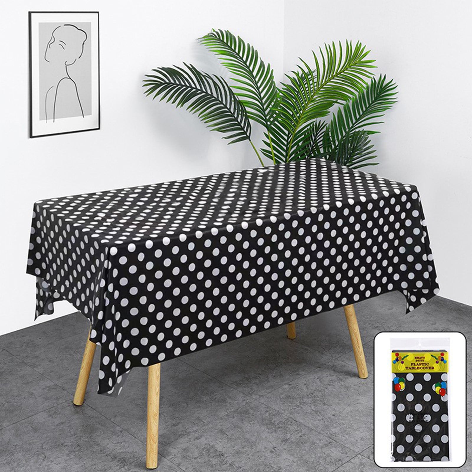 Black Polka Dot Plastic Table Cloth 54x108 Inch Black and White Dots ...