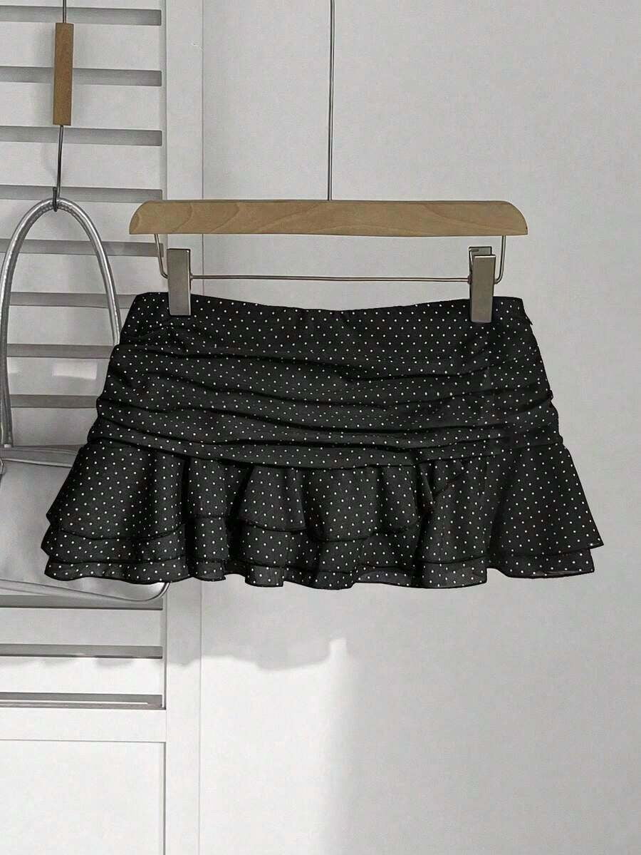 Black Polka Dot Pleated Tiered Ruffle Mini Skirt A-Line Sweet Vacation ...