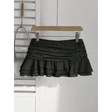 Black Polka Dot Pleated Tiered Ruffle Mini Skirt A-Line Sweet Vacation ...