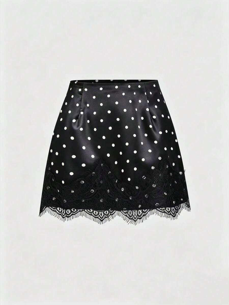 Black Polka Dot Satin Mini Skirt With Lace Trim, Elegant Retro A-Line ...