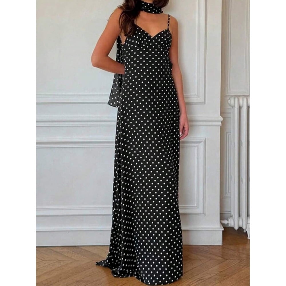 Black Polka Dot Slip Dress With Deep V Neck, Spaghetti Straps, Backless ...