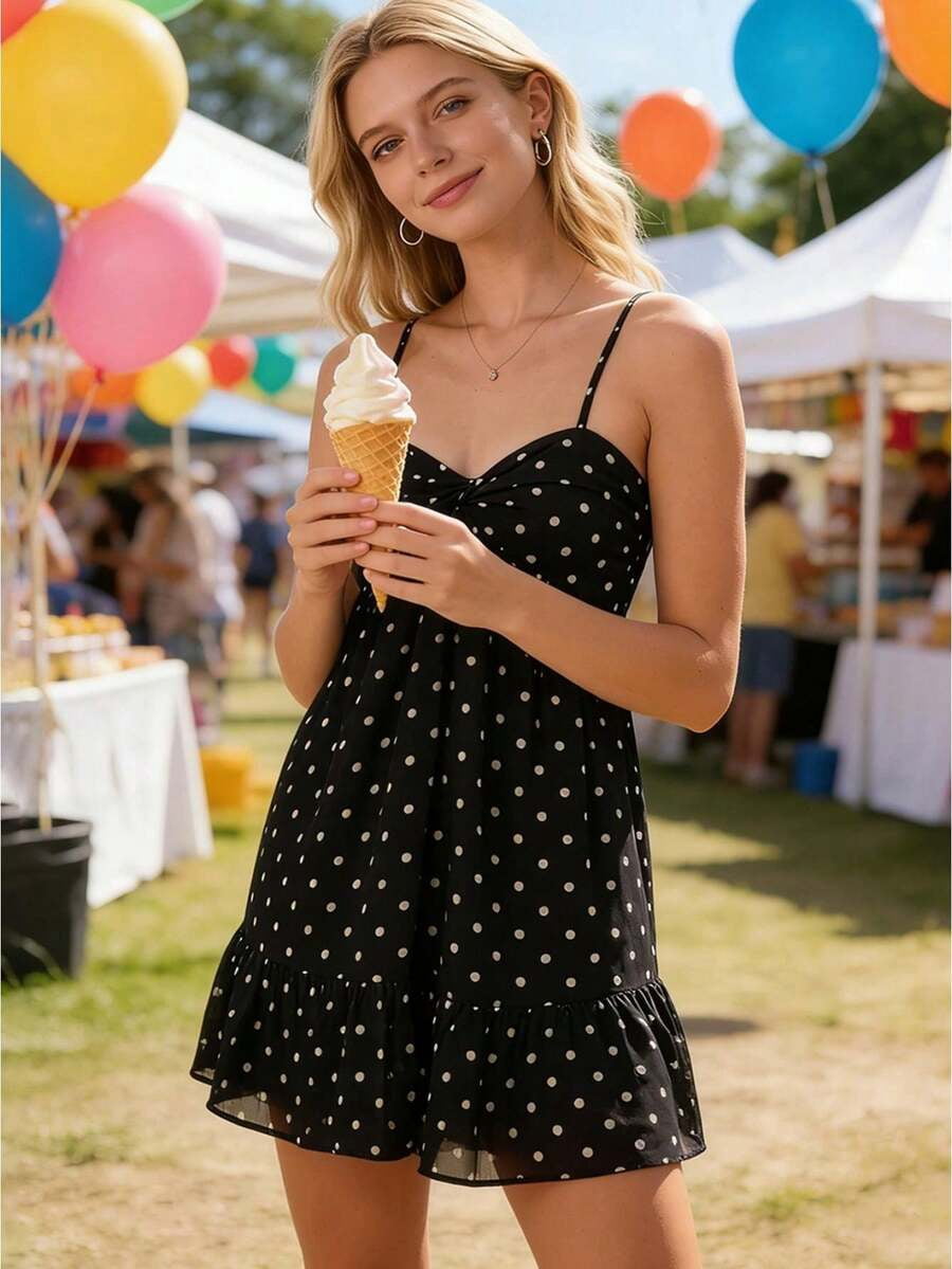 Black Polka Dot Slip Dress With Spaghetti Straps And Ruffle Hem Summer ...