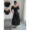 Black Polka Dot Square Neck A-Line Midi Dress With Puffed Sleeves And ...