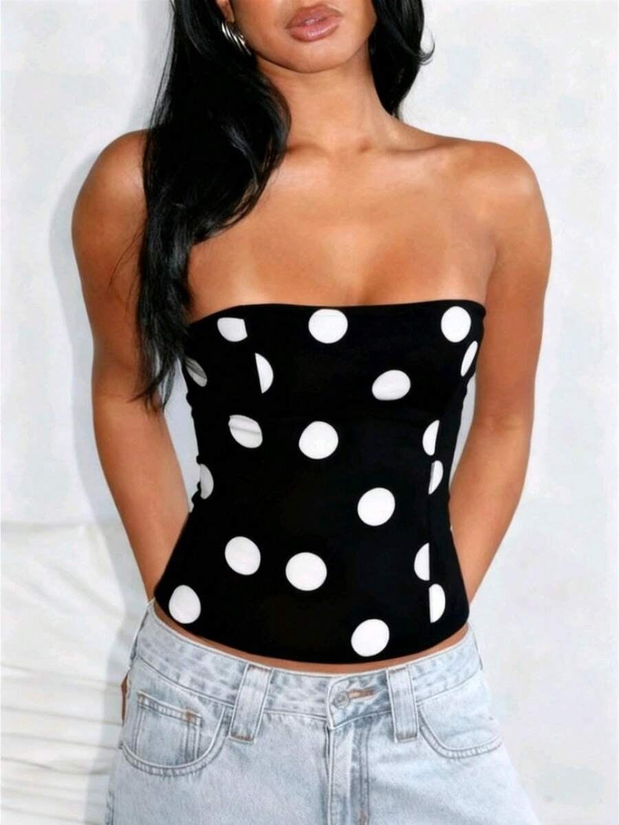 Black Polka Dot Strapless Bustier Tube Top Women Crop Summer Streetwear ...