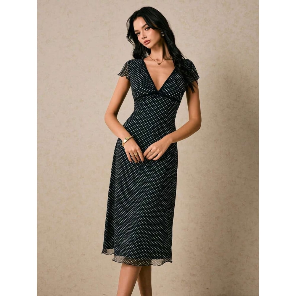 Black Polka Dot V-Neck Midi Dress With Short Ruffle Sleeves And Tie ...