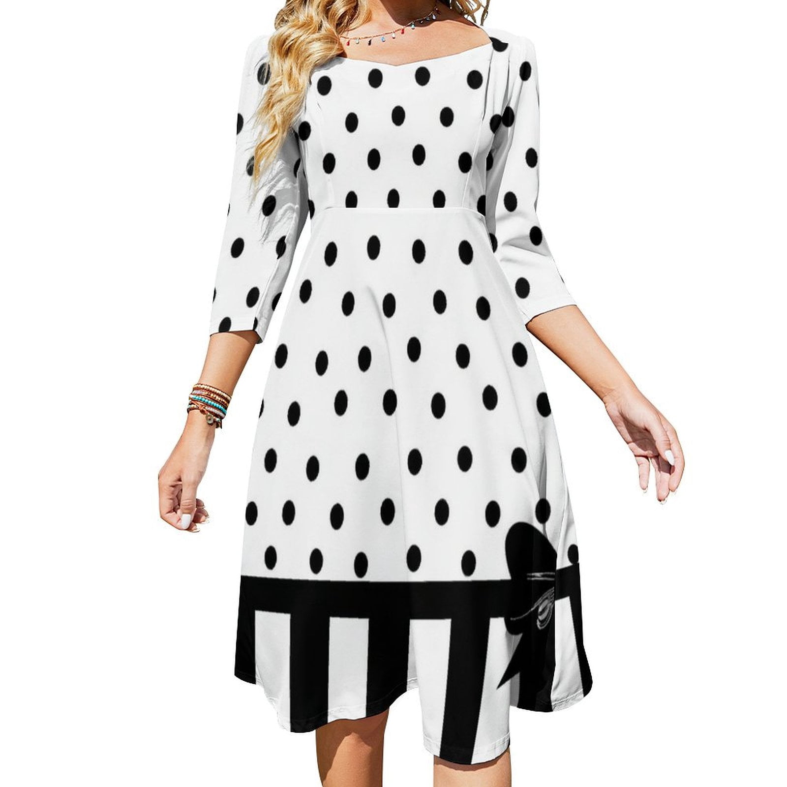 Black Polka Dots And Stripes-1 Women's Fall Dresses Casual Loose Flowy ...