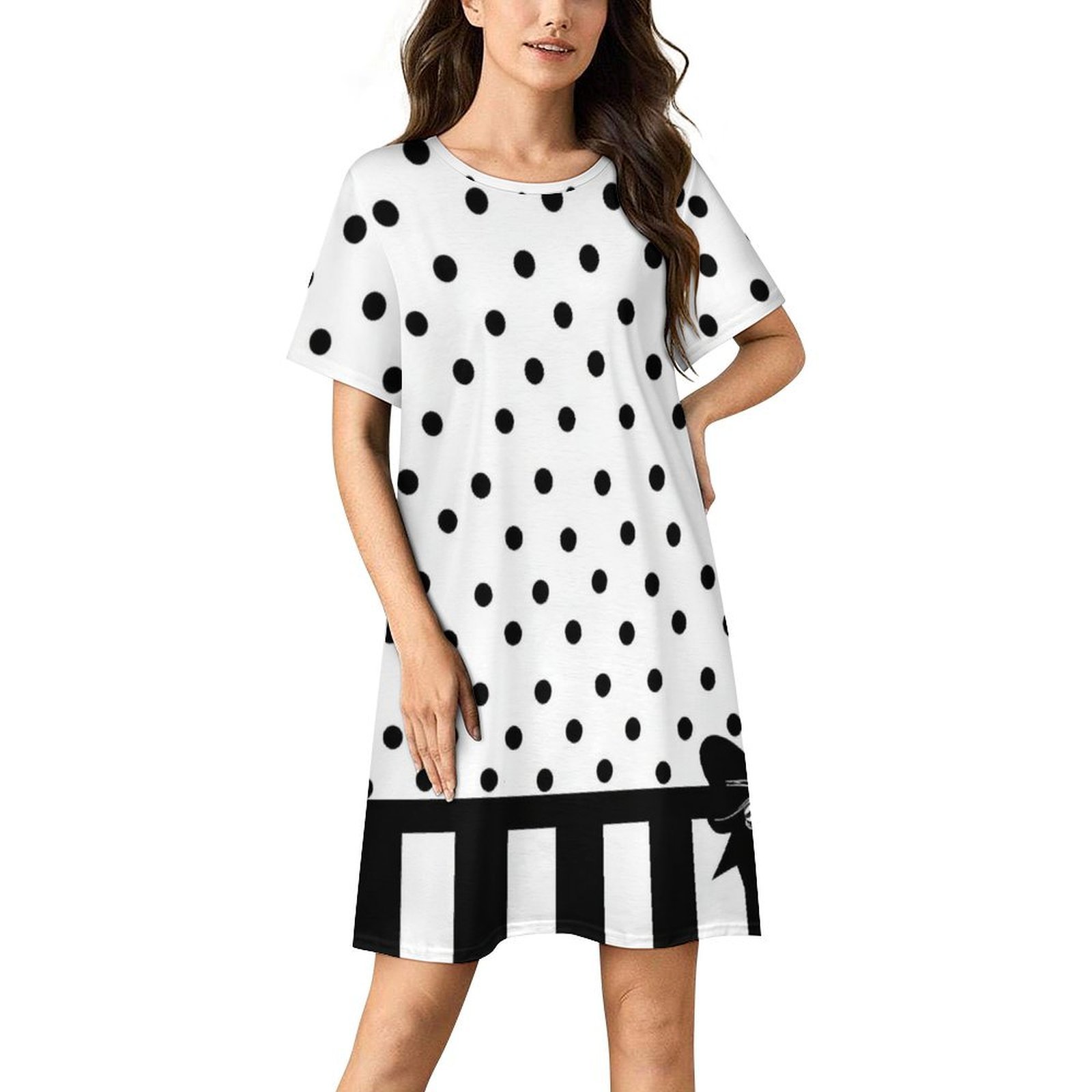Black Polka Dots And Stripes Women Nightgown Sleepwear Short Sleeves ...