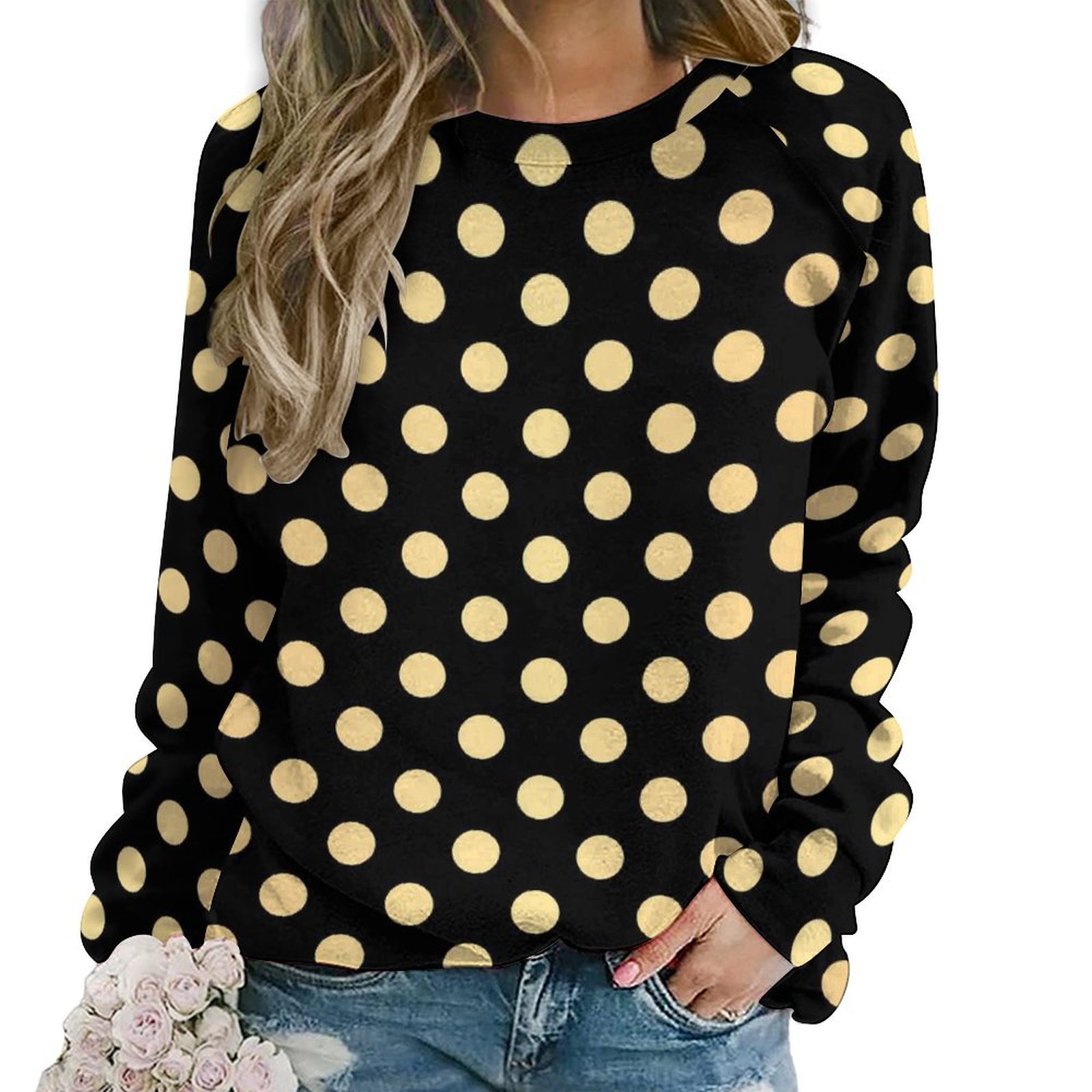 Black Polka Dots Casual Hoodies Vintage Print Pretty Hoodie Winter Long ...