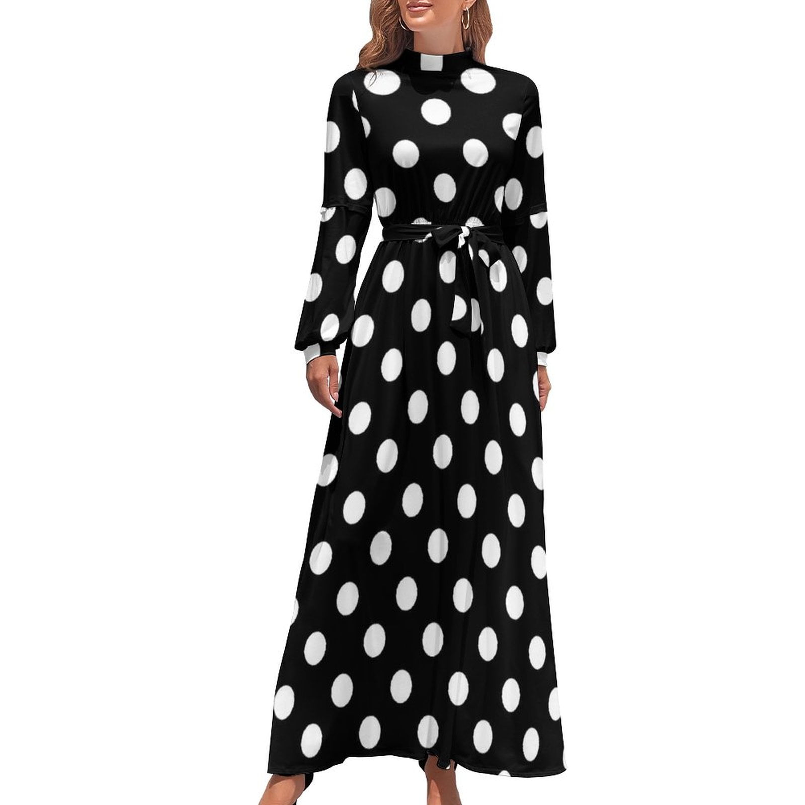 Black Polka Dots Dress Long Sleeve Polka Dot Circles Art Modern Maxi ...