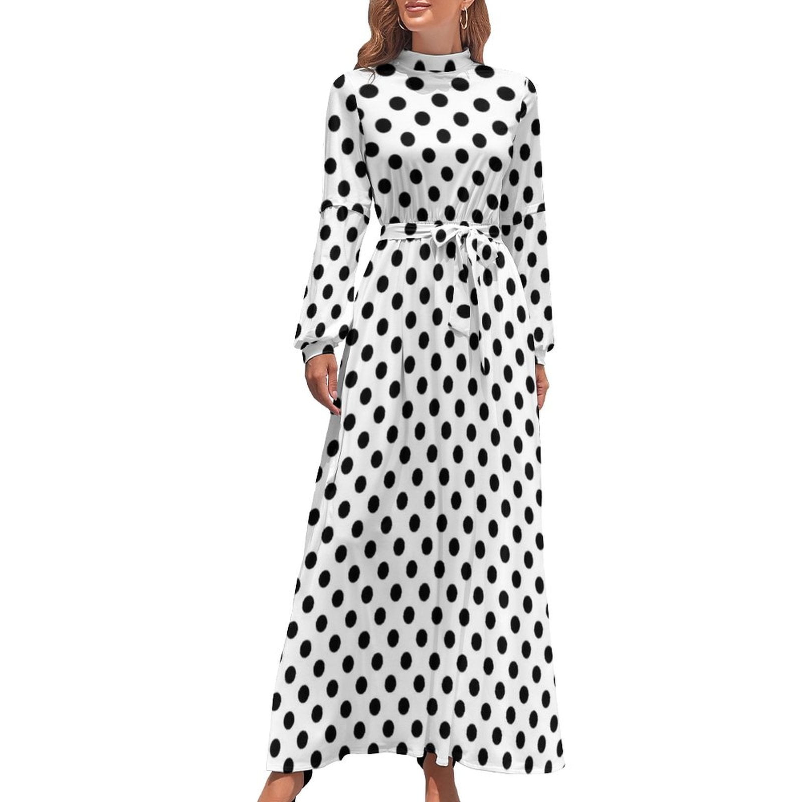 Black Polka Dots Dress Long Sleeve Polka Dot Circles Art Modern Maxi ...