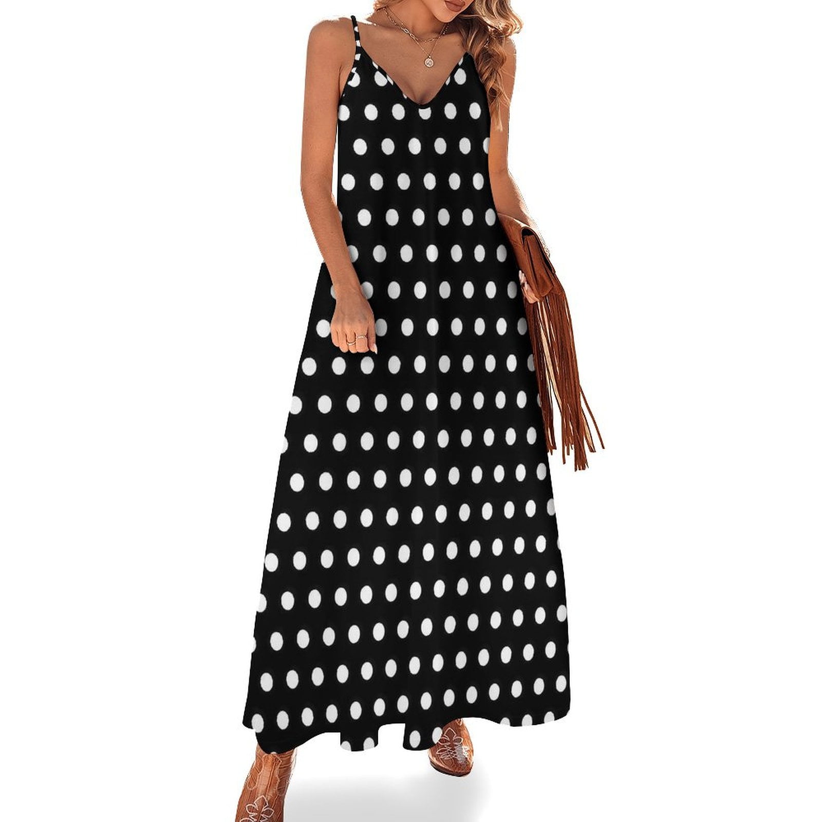 Black Polka Dots Dress Vintage Print Club Maxi Dress Spaghetti Strap ...