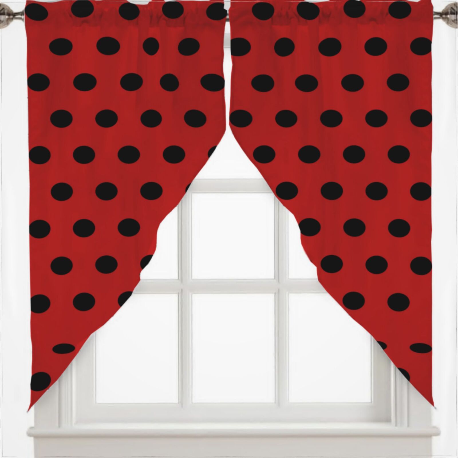 Black Polka Dots On Red Background Swag Valances For Windows 2 Pack For ...