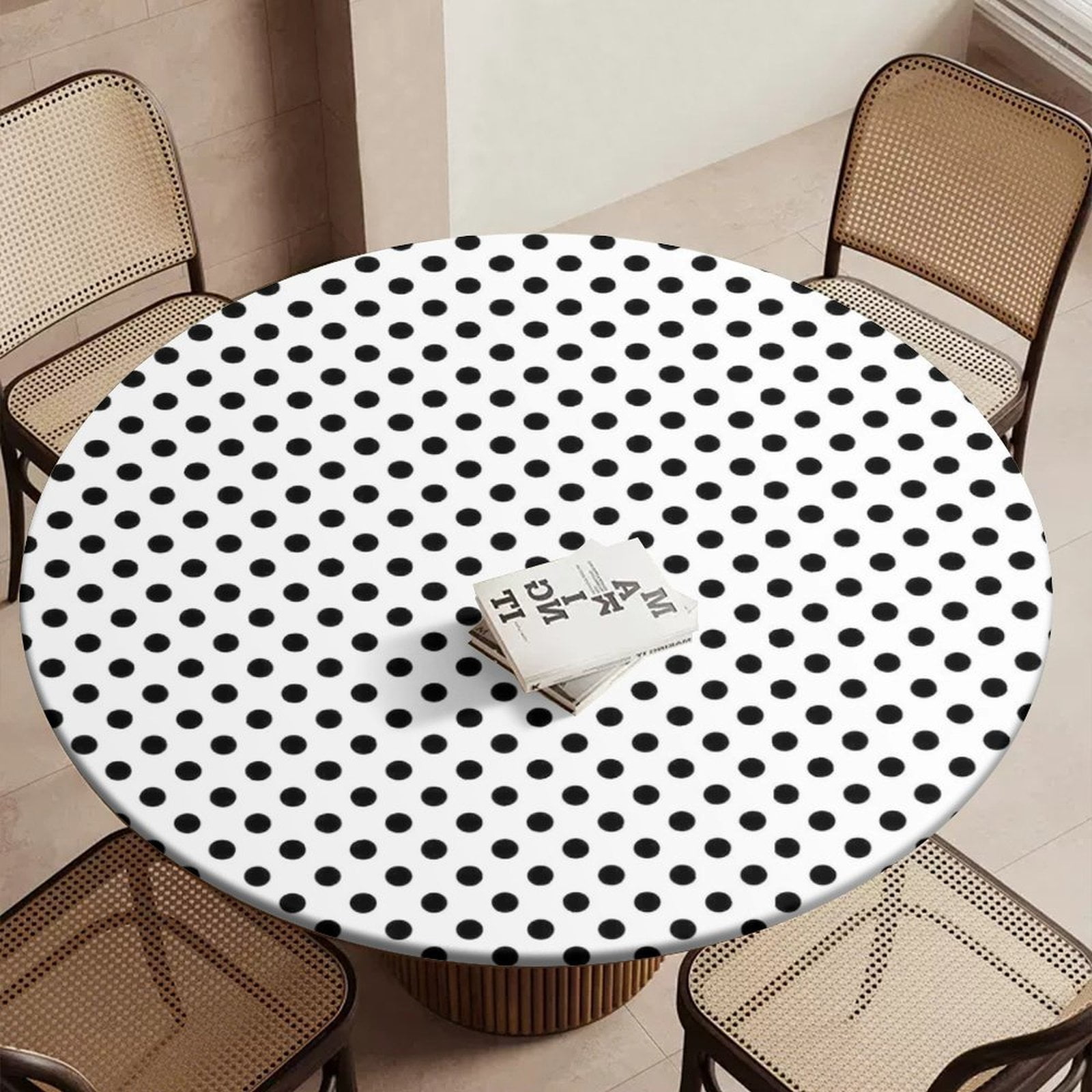 Black Polka Dots Round Table Cover Kitchen Printed Waterproof ...