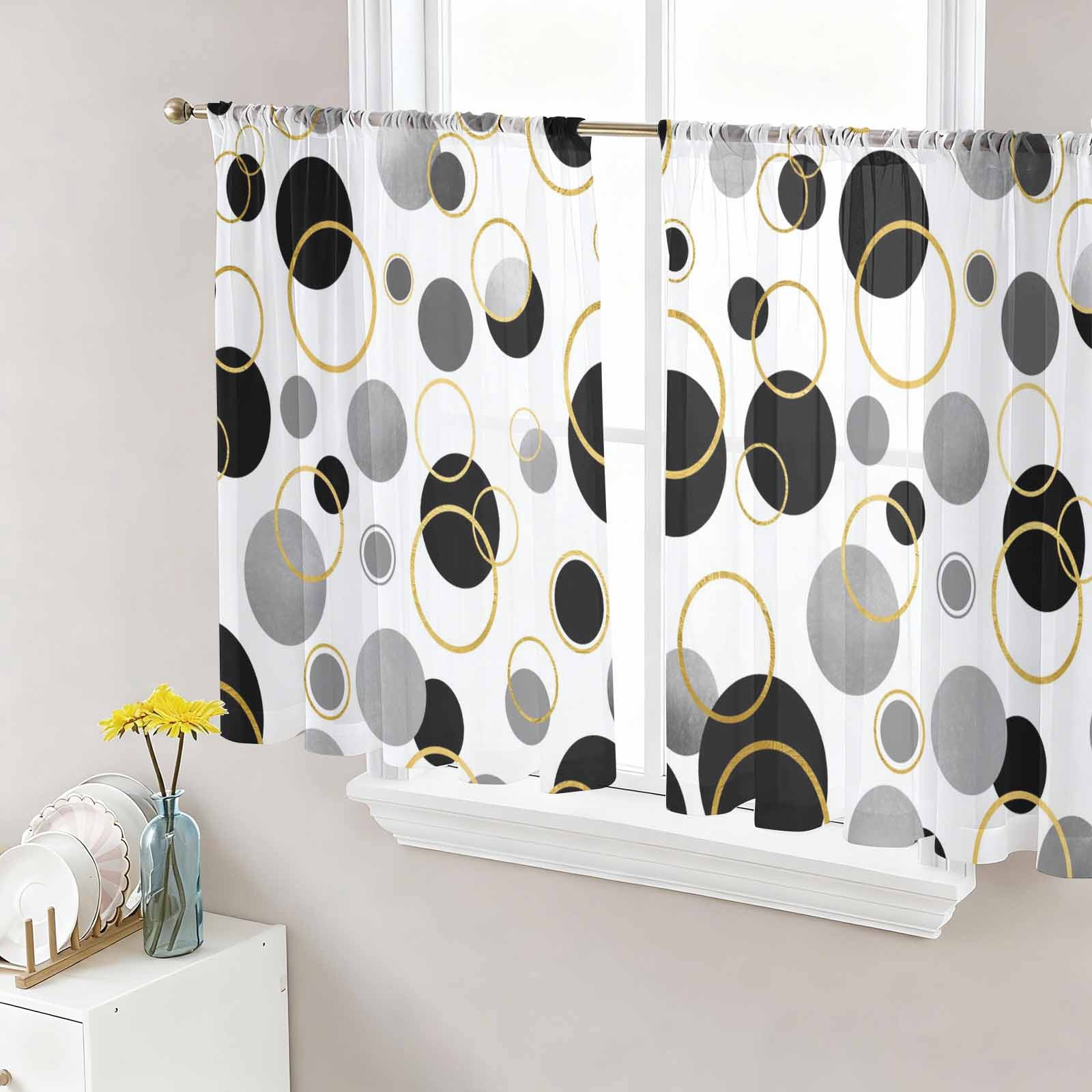 Black Polka Dots Sheer Curtains 45 Inch Length 2 Panels Set, Modern ...