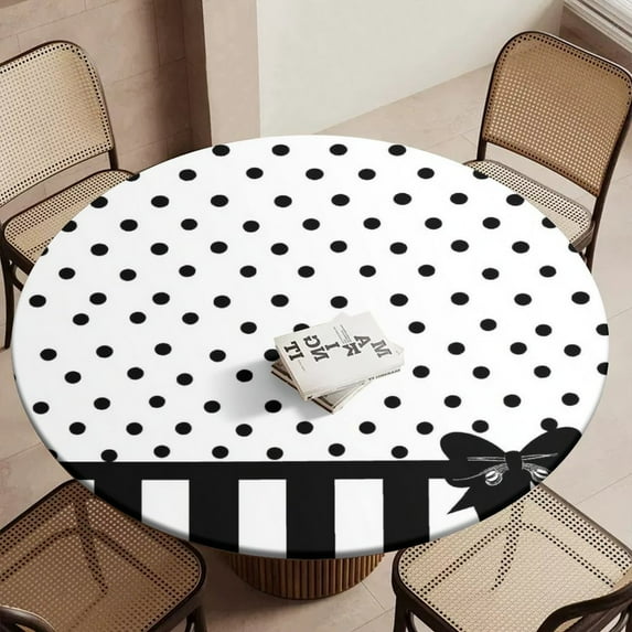 Black Polka Dots And Stripes Round Table Cover Kitchen Printed ...