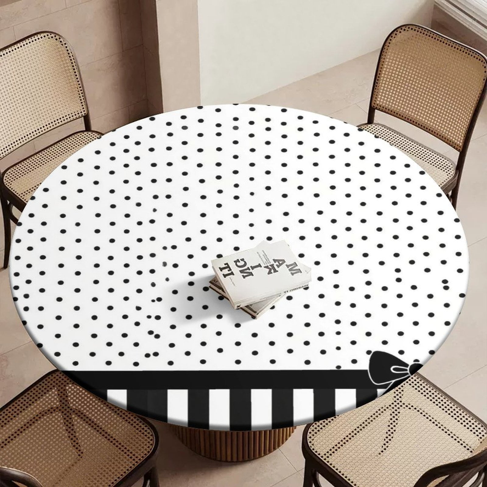 Black Polka Dots And Stripes Round Table Cover Kitchen Printed ...