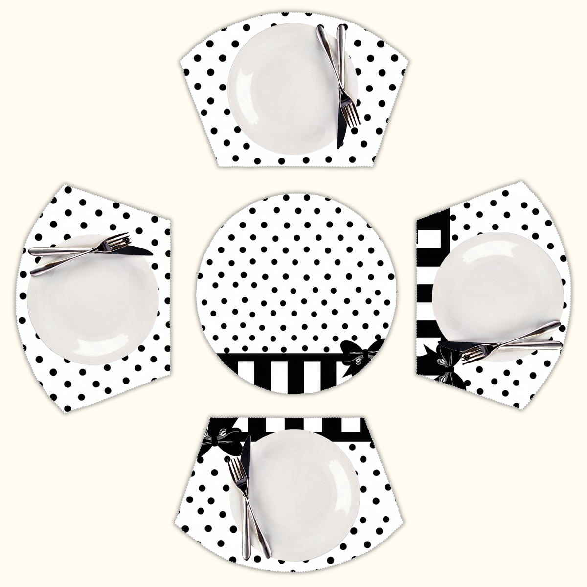 Black Polka Dots and Stripes Round Table Placemats Set Of 5 Wedge Table ...