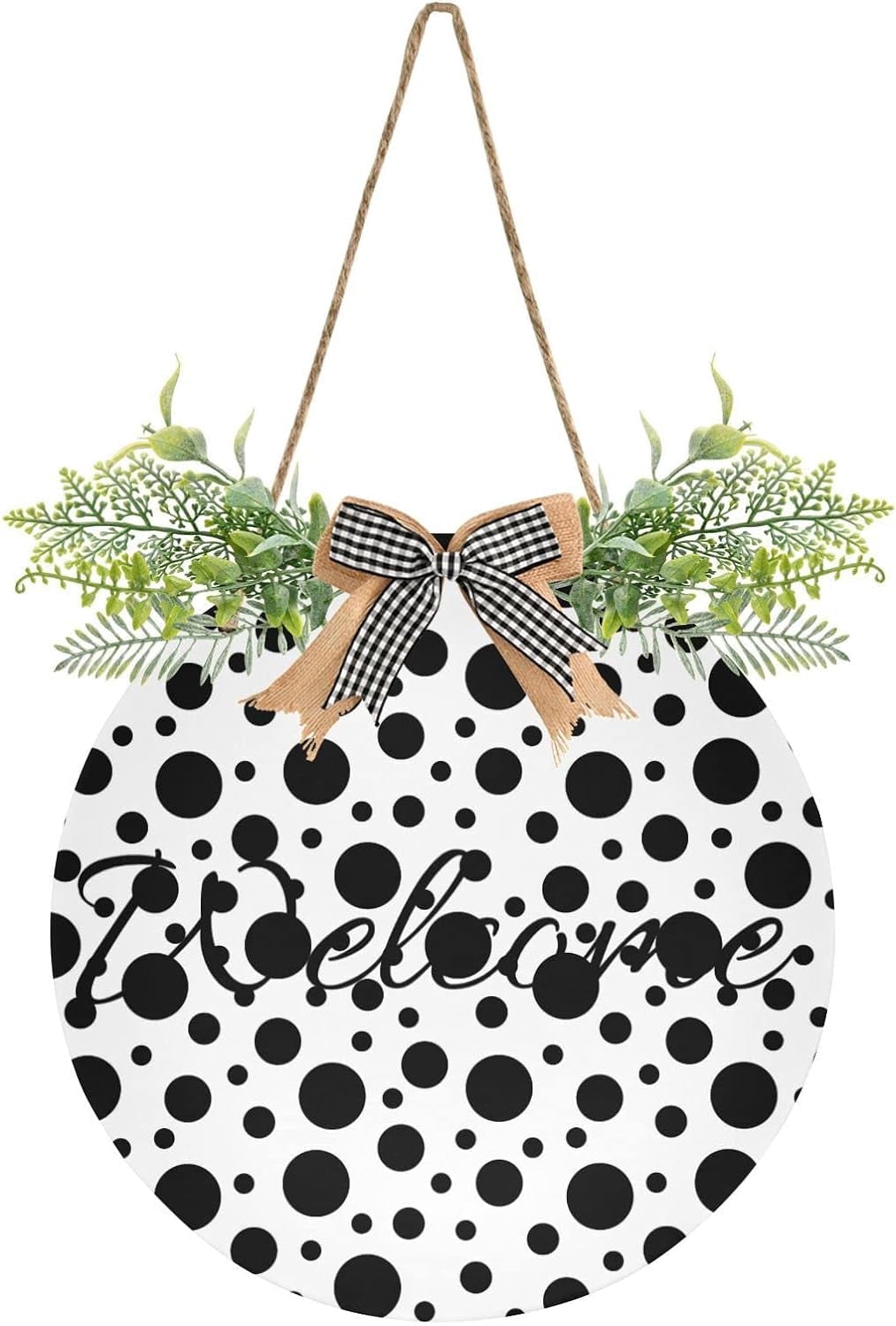 Black Polka Dots Welcome Sign for Front Door, Round Sign Hanging ...