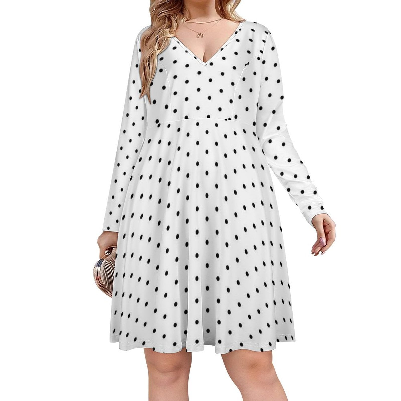 Black Polka Dots White Background Long Sleeve Dresses For Women Vintage ...