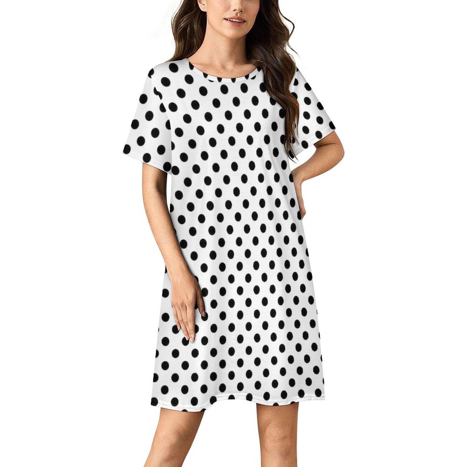 Black Polka Dots Women Nightgown Sleepwear Short Sleeves For Vacations ...