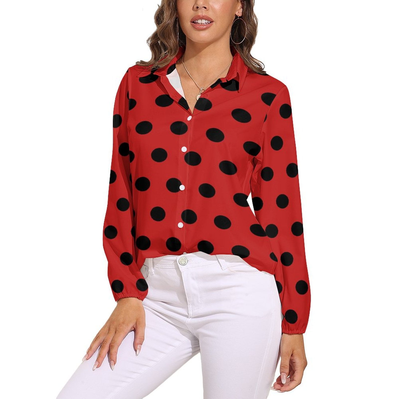 Black Polka Dots on Red Background Long Sleeve Blouse Woman Streetwear ...