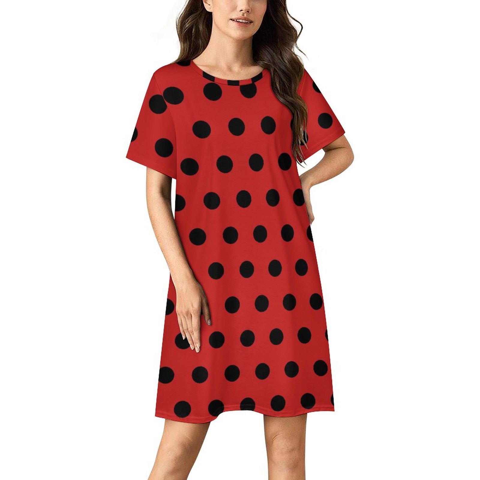 Black Polka Dots on Red Background Women Nightgown Sleepwear Short ...
