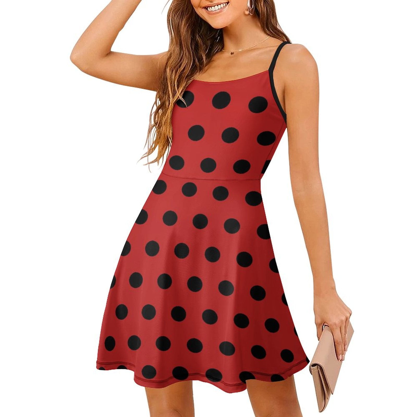 Black Polka Dots on Red Background Women's Sleeveless Spaghetti Strap ...